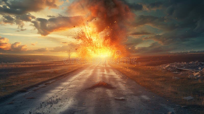 A Road with a Large Explosion in the Distance, AI Stock Image - Image ...