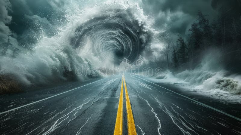 A Road with a Large Wave Coming Down the Middle of it, AI Stock Photo ...