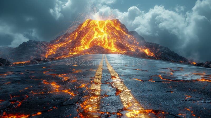 A Road with Lava Flowing Down it and a Volcano in the Background, AI ...