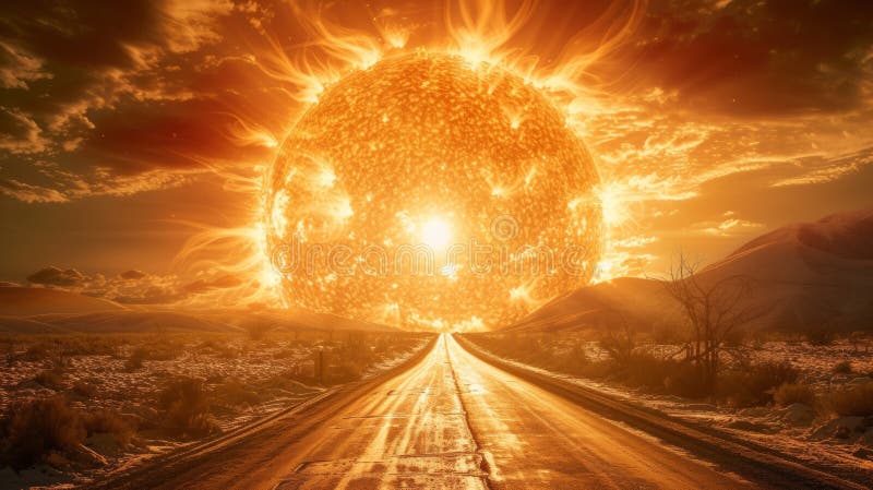 A Road Leading To a Large Sun with Fire Coming Out of it, AI Stock ...
