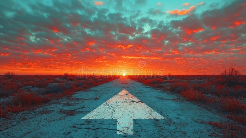 Road Leading Towards Sunset with Arrow, Dramatic Skies. Adventure and ...