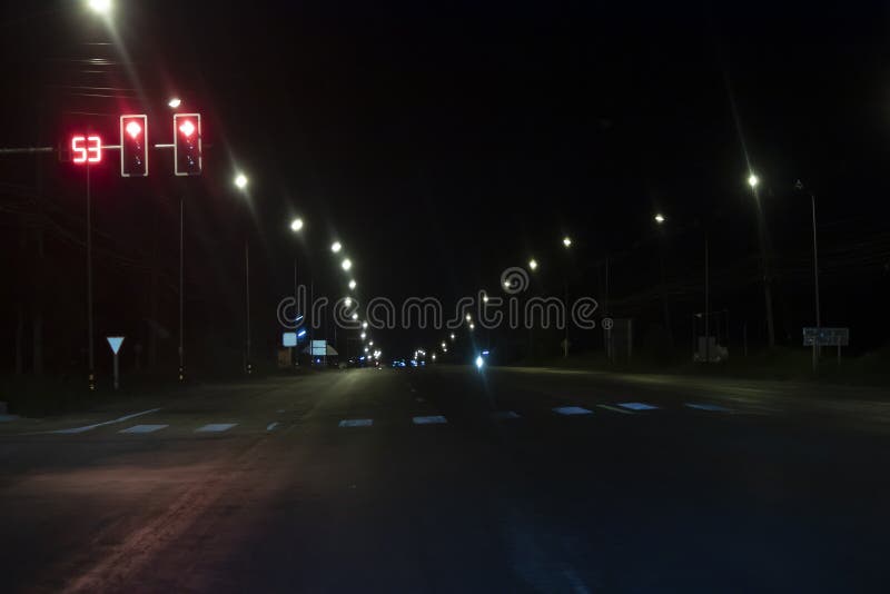 Road at Night with Red Light Control. Stock Photo - Image of cityscape ...