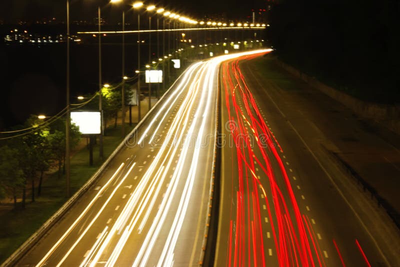Road with Light Trails in City, Motion Blur Effect Stock Image - Image ...