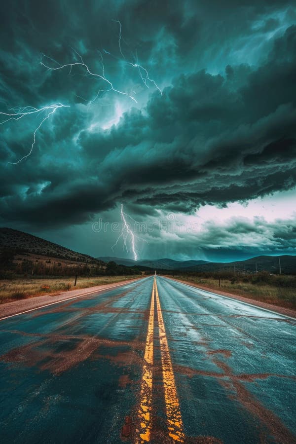A Road with a Lightning Bolt in the Blue Sky Stock Image - Image of ...