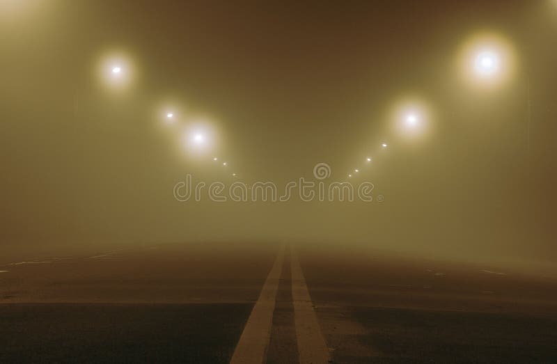 Road Lights in the Night Mist. Stock Image - Image of background, light ...