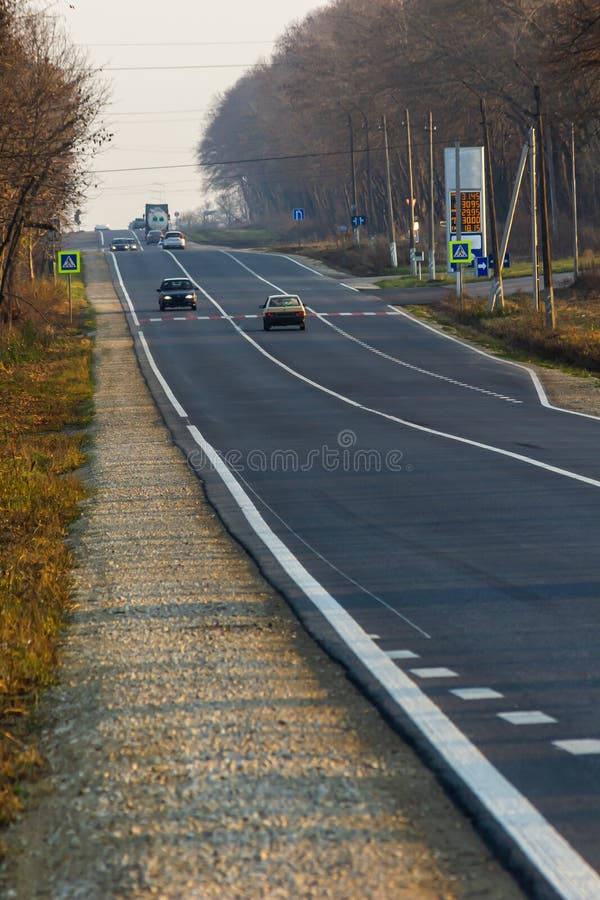 Road Lined with Autumn Trees. Cross Hatching Road Marks Line the Centre ...