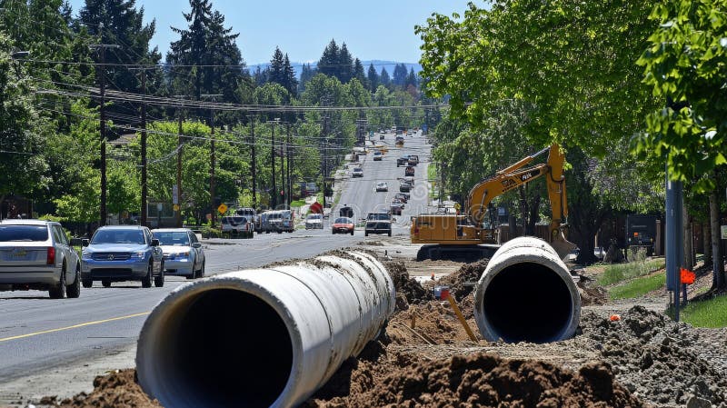 A Road Lined with Concrete Pipes Signifies Infrastructure Development ...