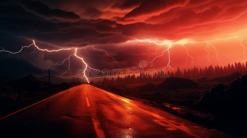 A Road with a Lot of Lightning in the Sky Stock Illustration ...