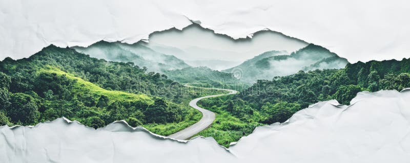 Road through Lush Green Forest with Torn Paper Effect, Nature Escape ...
