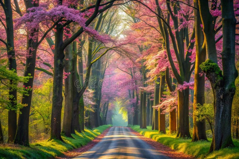 Road through a Magical Spring Forest Stock Illustration - Illustration ...