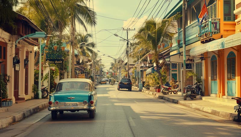 Road, the Main Street in Retro Colors on Koh Samui. Stock Illustration ...
