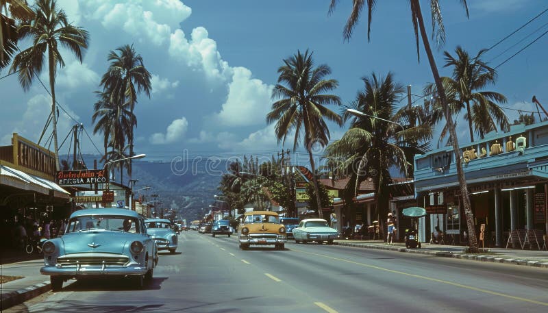 Road, the Main Street in Retro Colors on Koh Samui. Stock Illustration ...