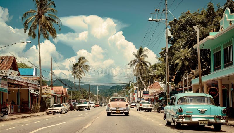 Road, the Main Street in Retro Colors on Koh Samui. Stock Illustration ...