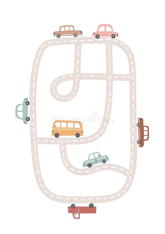 Road Map with Cars. Hand Drawn Vector Illustration for Nursery Design ...