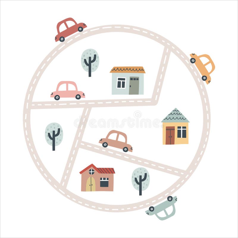 Road Map with Cars. Hand Drawn Vector Illustration for Nursery Design ...
