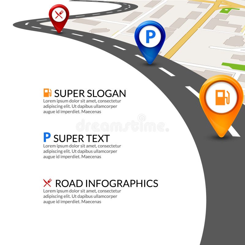 Road Map City Infographic with Colorful Pins Pointer. Road Map Template ...