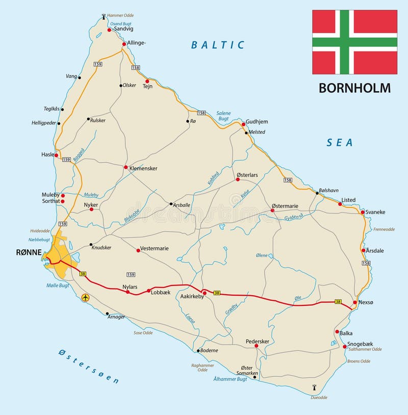 Road Map of the Danish Iseland Bornholm in the Baltic Sea with Flag ...