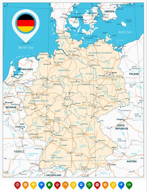 Road Map of Germany and Colored Map Pointers Stock Vector ...