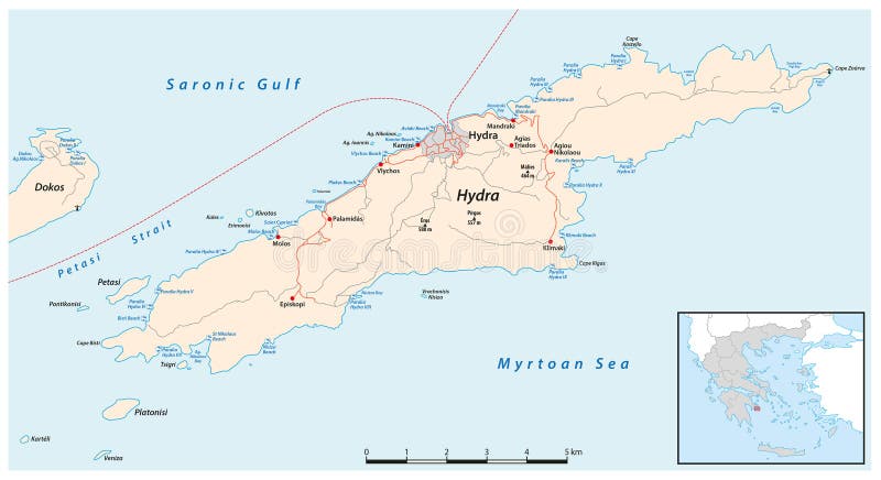 Road Map of the Greek Island of Hydra Stock Vector - Illustration of ...