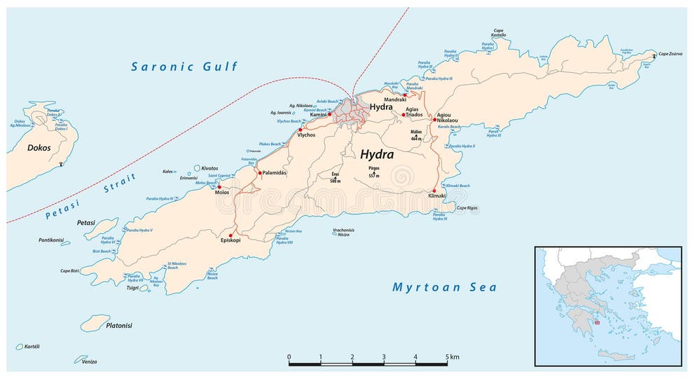 Road Map of the Greek Island of Hydra Stock Vector - Illustration of ...