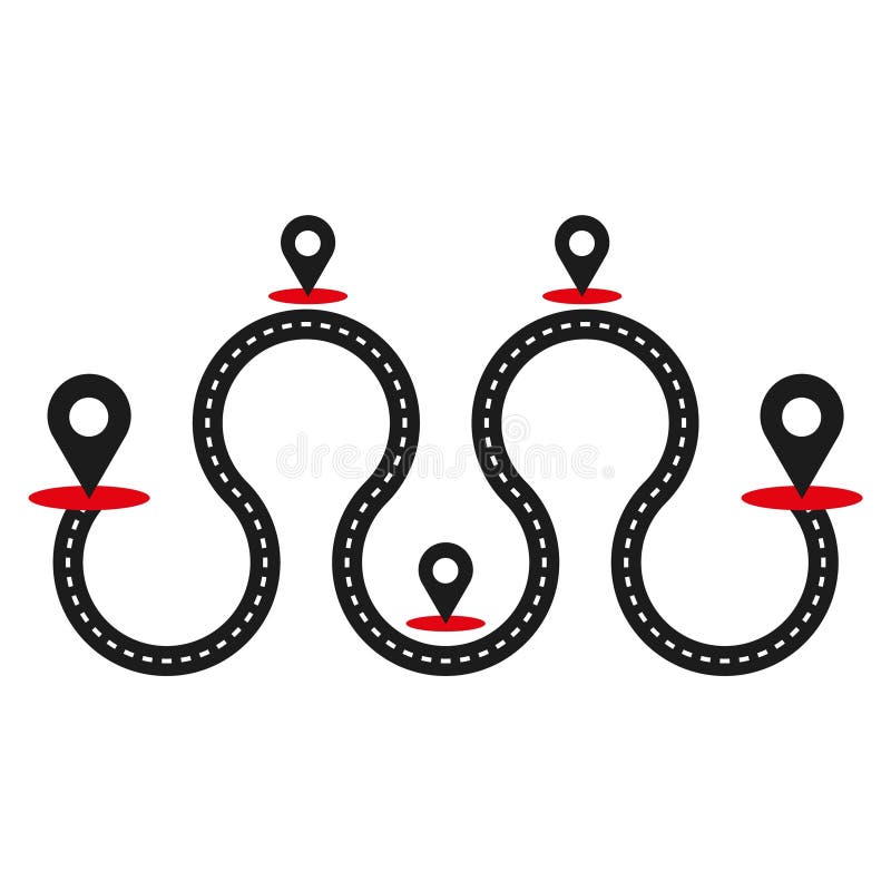 Road Map Icon. Black Curved Path. Route with Markers. Travel Vector ...