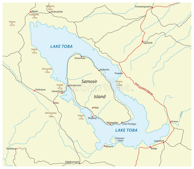 Road Map of Indonesian Volcano Lake Toba on Sumatra Stock Illustration ...