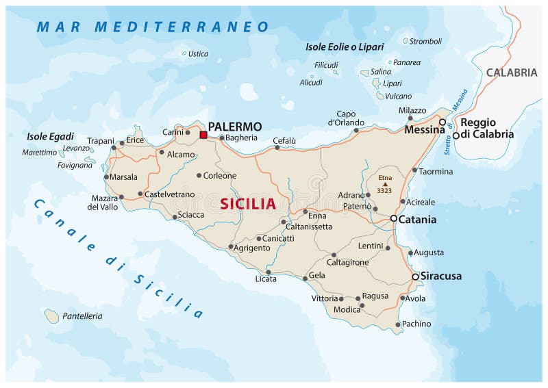 Road Map of the Italian Mediterranean Island Sicily Stock Vector ...