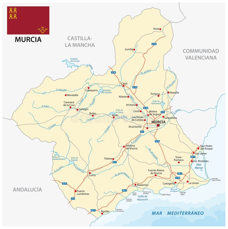 Road Map of the Spanish Region Murcia with Flag Stock Vector ...