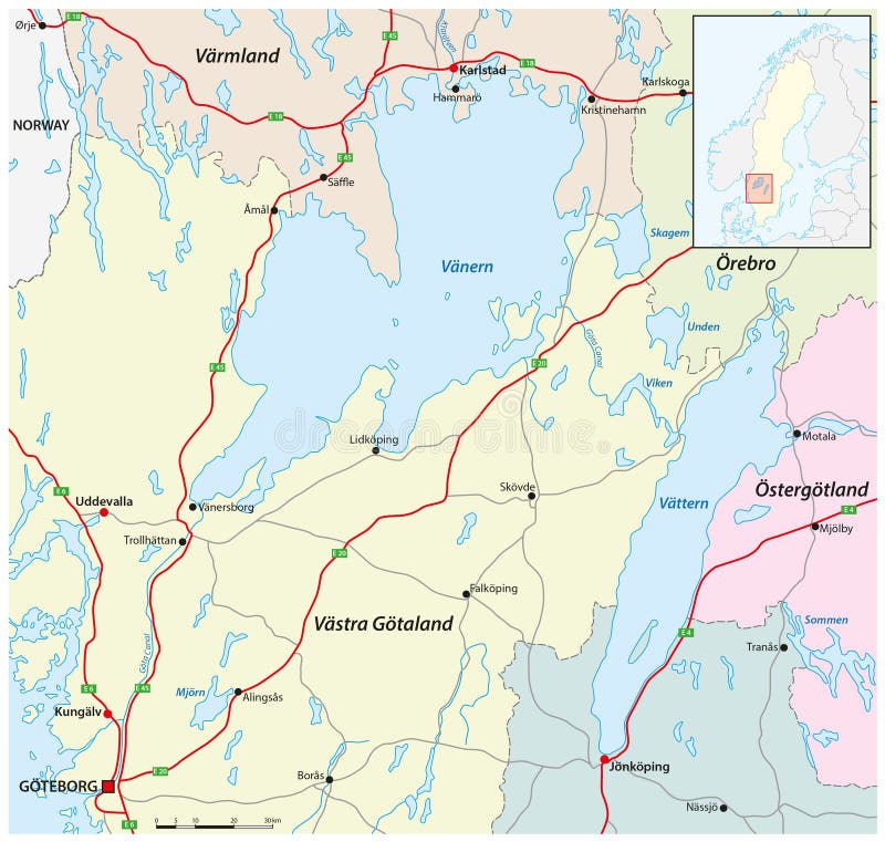 Road Map of the Swedish Lakes Vänern and Vättern Stock Vector ...