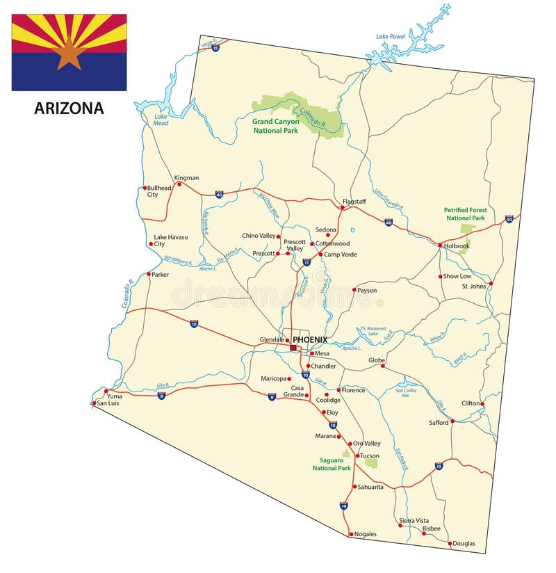 Road Map of the US State Arizona with Flag Stock Vector - Illustration ...