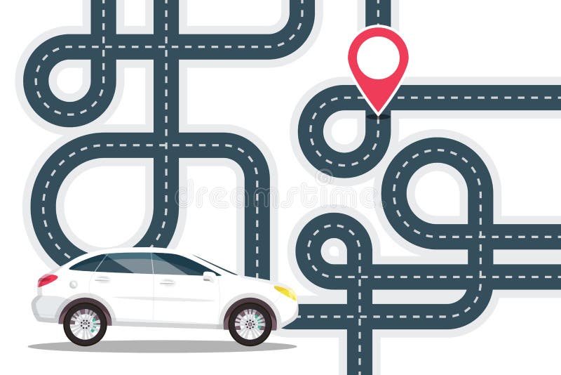 Road Map with White Car on Start and Red Pin the Location on ...