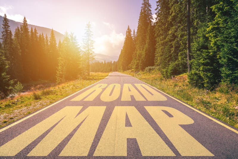 Road Map Written on Street in the Mountains. Road Map Text on the ...