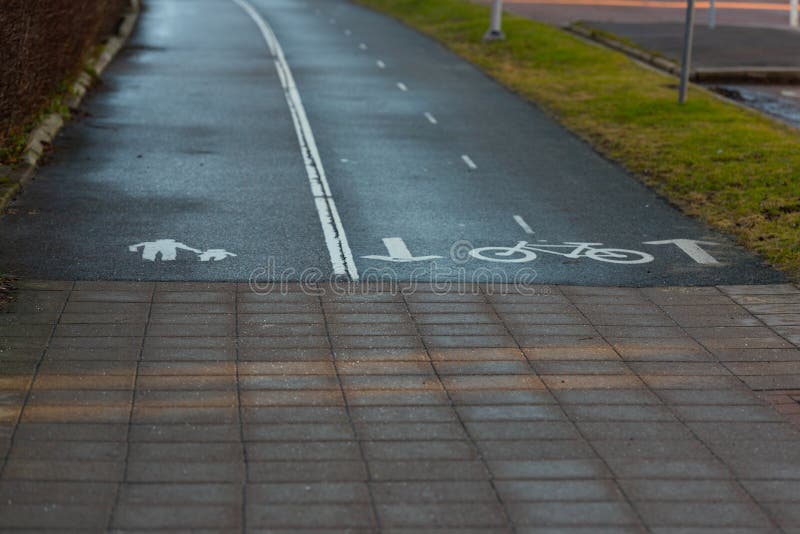 Road Marked As Reserved for Walking and Two Lane Bicycling.. Stock ...
