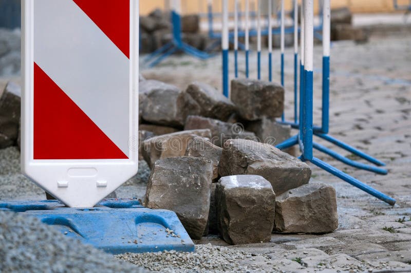 Road Markings Around Pavement Work, Pieces of Paving Stones Stock Image ...