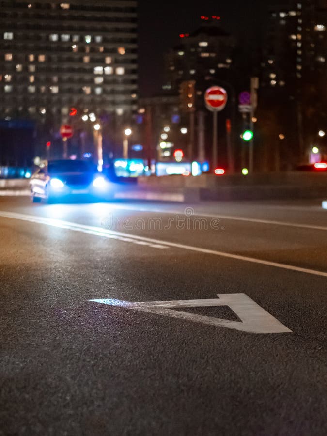 Road Markings in the Light of Car Headlights Stock Image - Image of ...