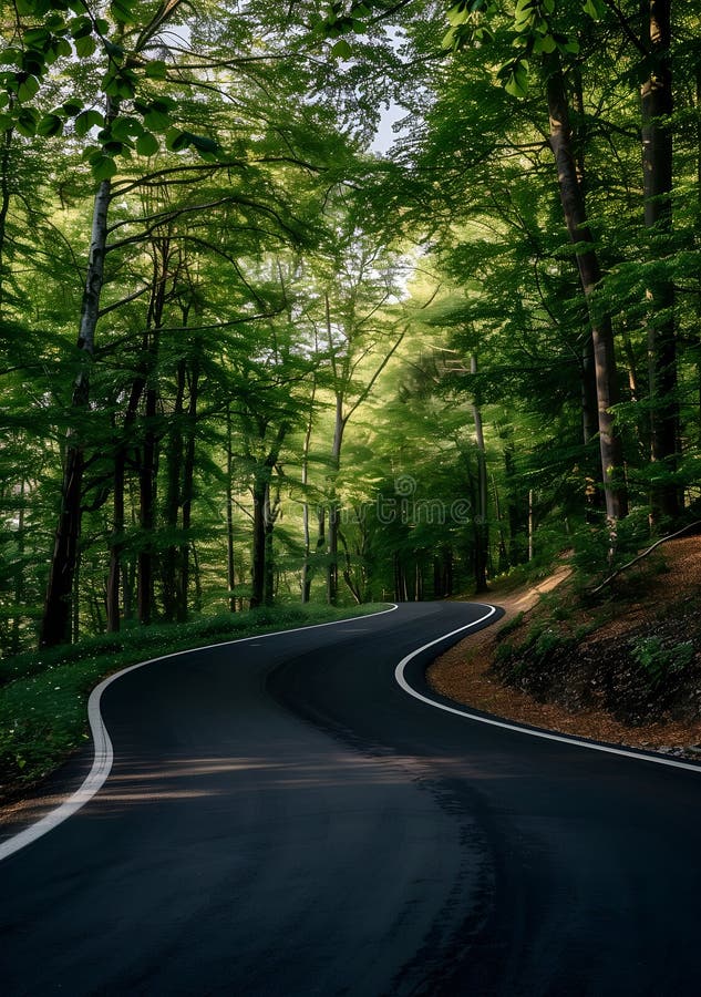 A Road Meandering through a Forest with Green Foliage Stock ...