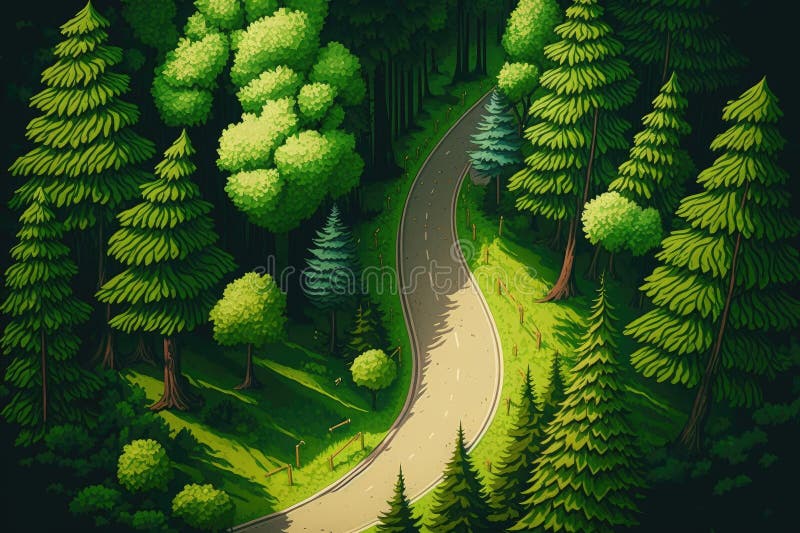 Road in the Middle of a Forest with Green Trees, Top View. Generative ...