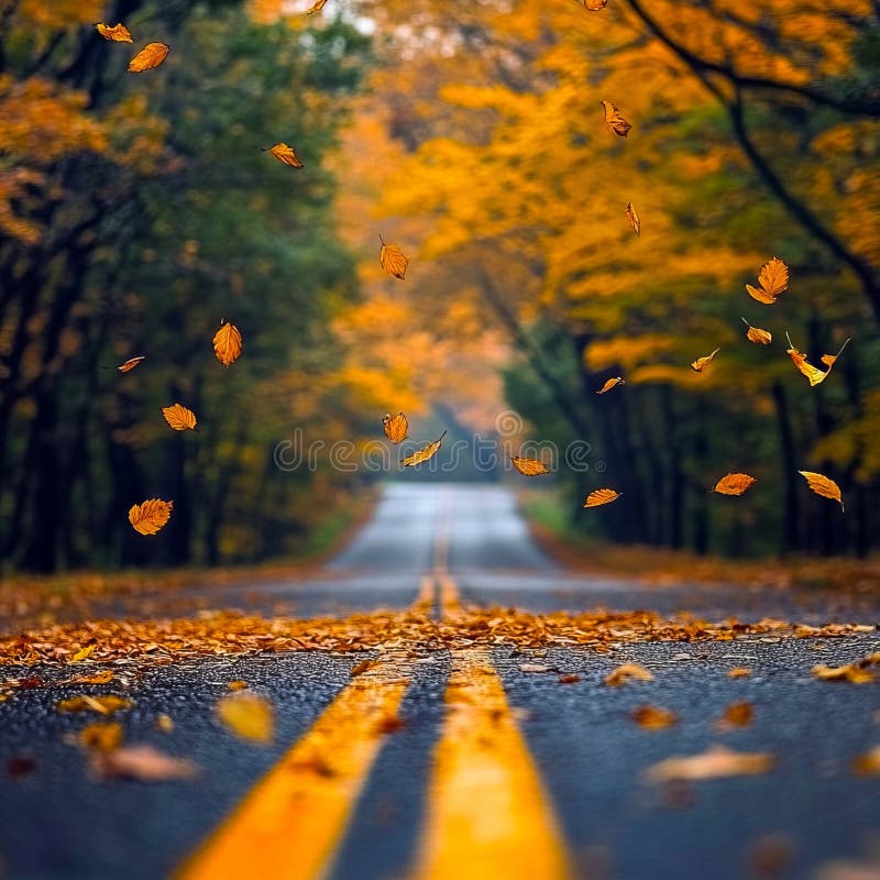 A Road in the Middle of a Forest with Leaves Falling from the Trees ...