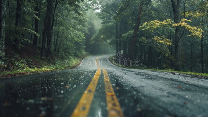 Wet Road with Trees and Yellow Line Stock Photo - Image of autumn ...