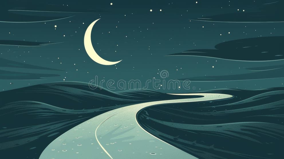 A Road with a Moon and Stars in the Sky, AI Stock Illustration ...