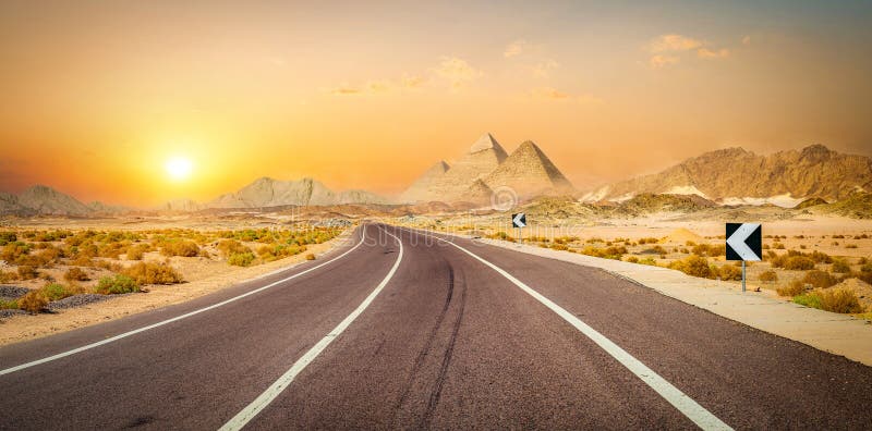 Panorama of Road and Pyramids Stock Image - Image of traffic, pyramids ...