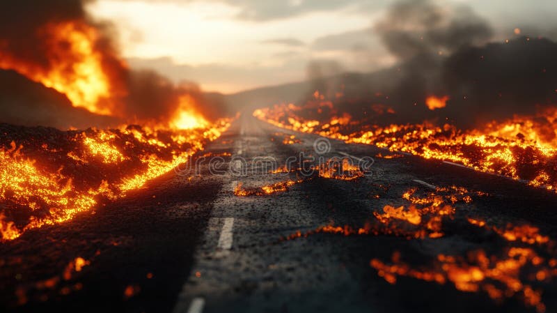 A Road with Multiple Fires Burning Along Its Sides, a Dramatic and ...