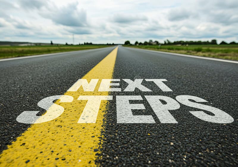 Road with Next Steps Message Under Cloudy Sky Stock Illustration ...