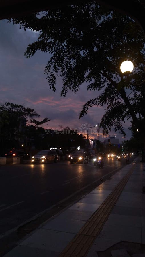 Road Night City Lamp Light Sunset Tree Cloud Stock Image - Image of ...