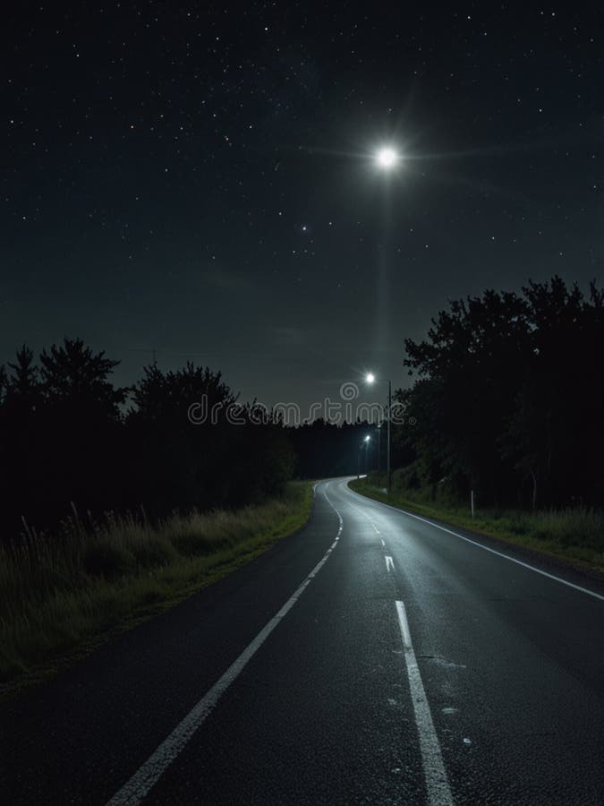 Road at night by moonlight stock illustration. Illustration of dusk ...