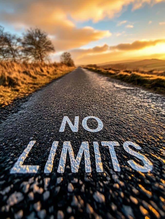 Road with No Limits Text Leading To a Scenic Sunset Horizon. Stock ...