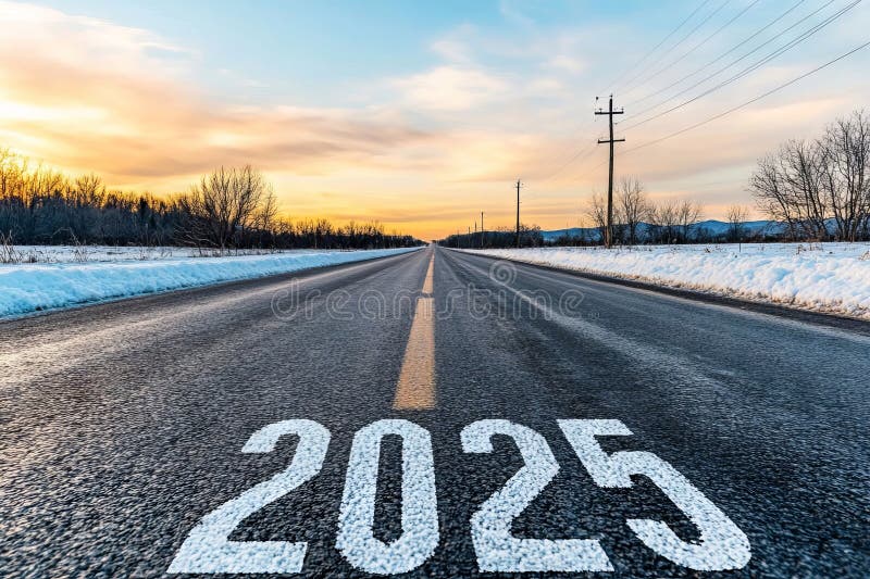 A Road with the Number 2025 Painted on it in the Middle of a Snowy Road ...