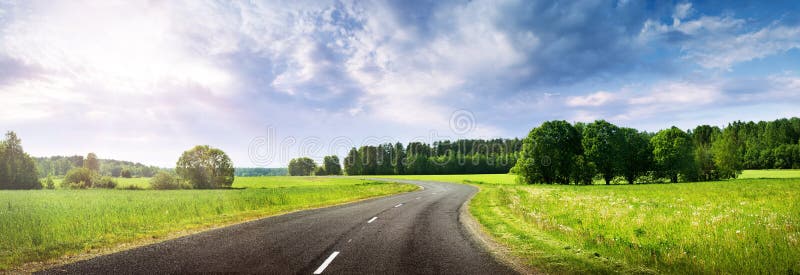 Road Panorama on Beautiful Evening Stock Image - Image of grass ...