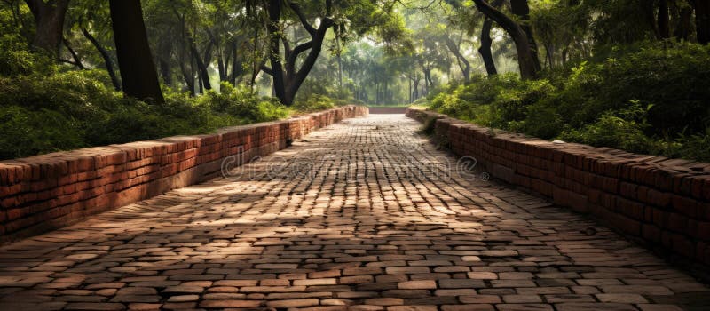 A Brick Road Winding through a Forest among Trees and Terrestrial ...