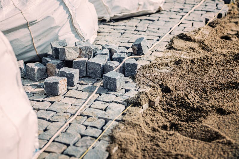Road Pavement. Stone Granite Blocks Install Details. Cobblestone Rocks ...